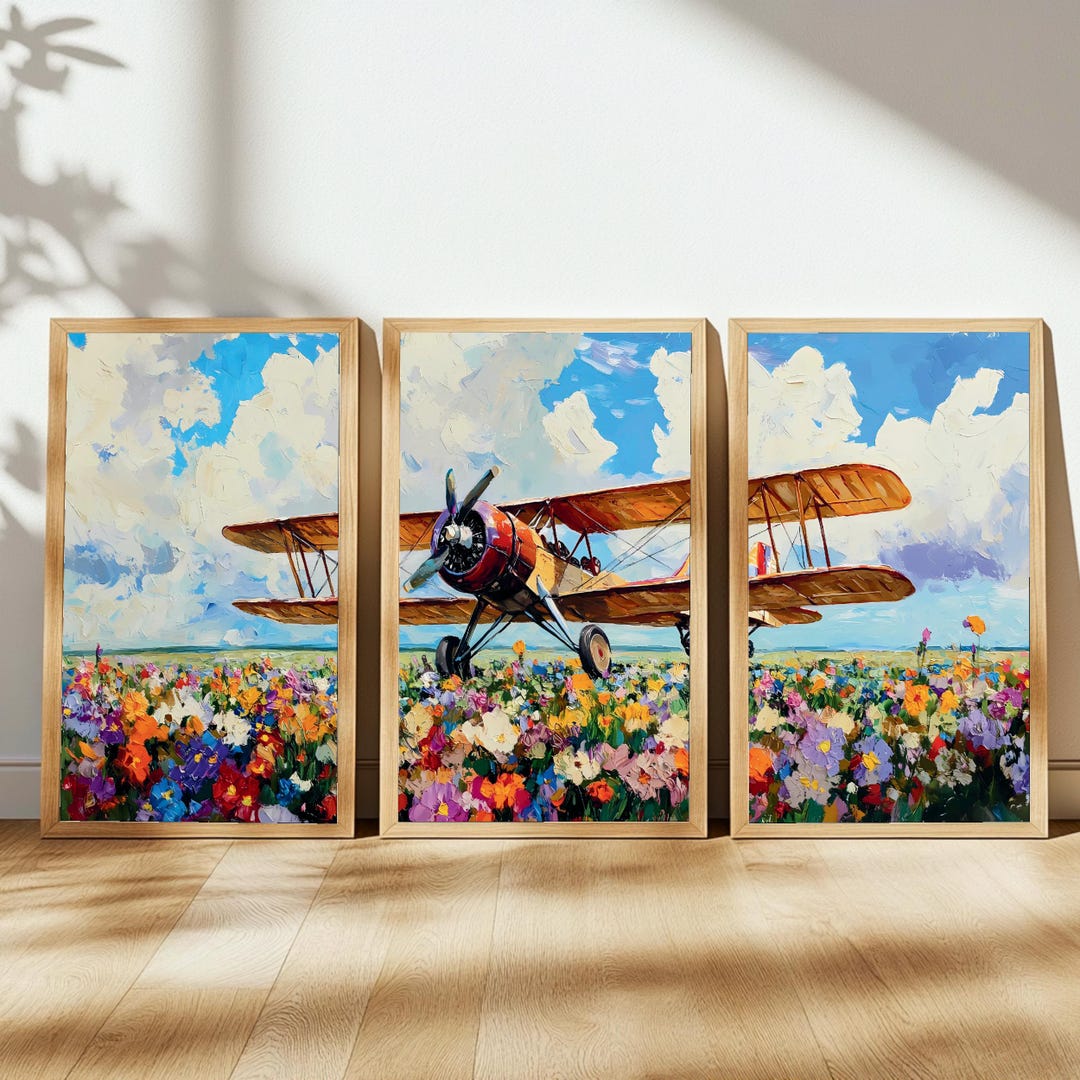 Vintage Biplane Wildflower Triptych Wall Art Print Set of 3 | Colorful ...