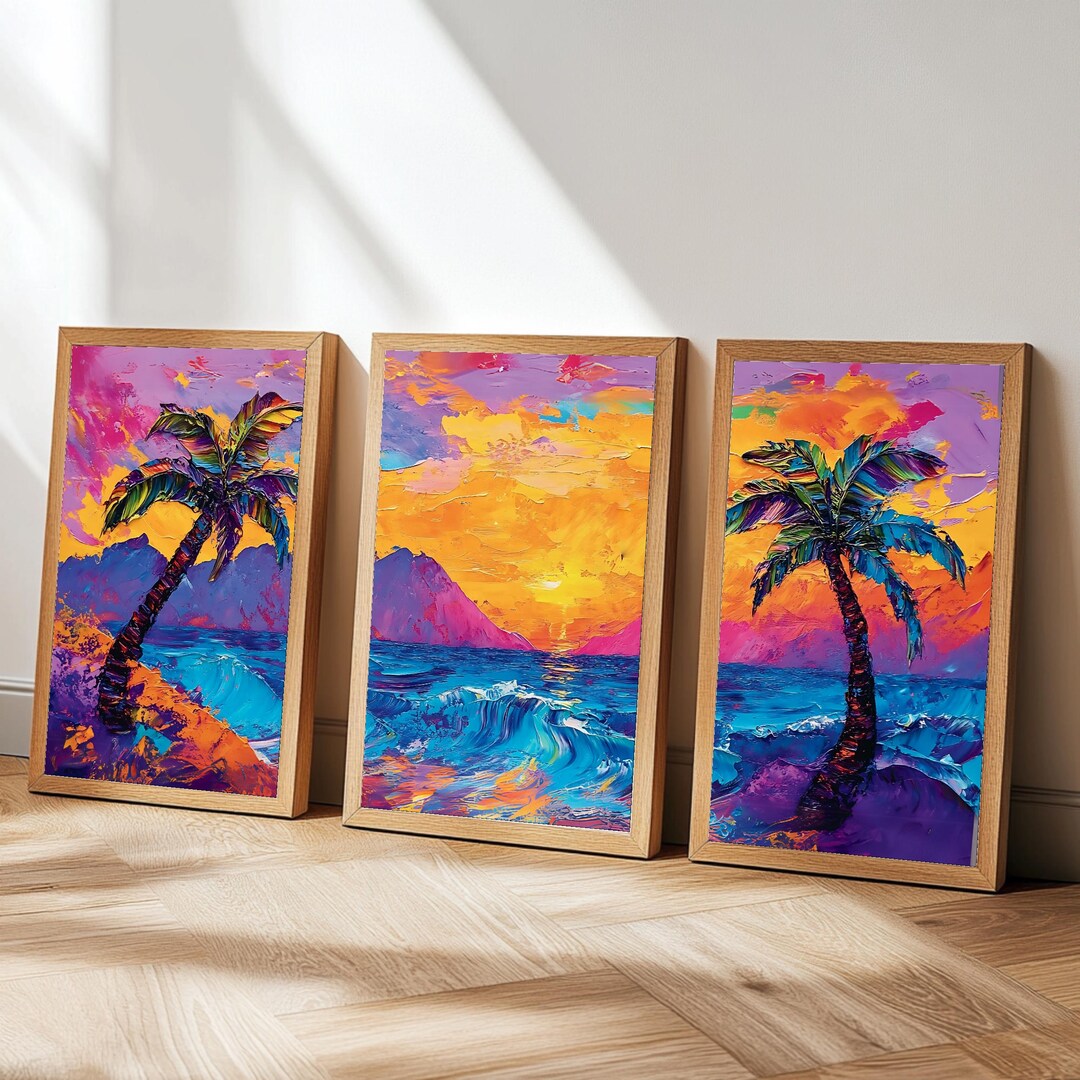 Tropical Sunset Triptych Wall Art Print Set of 3 | Vibrant Beach ...