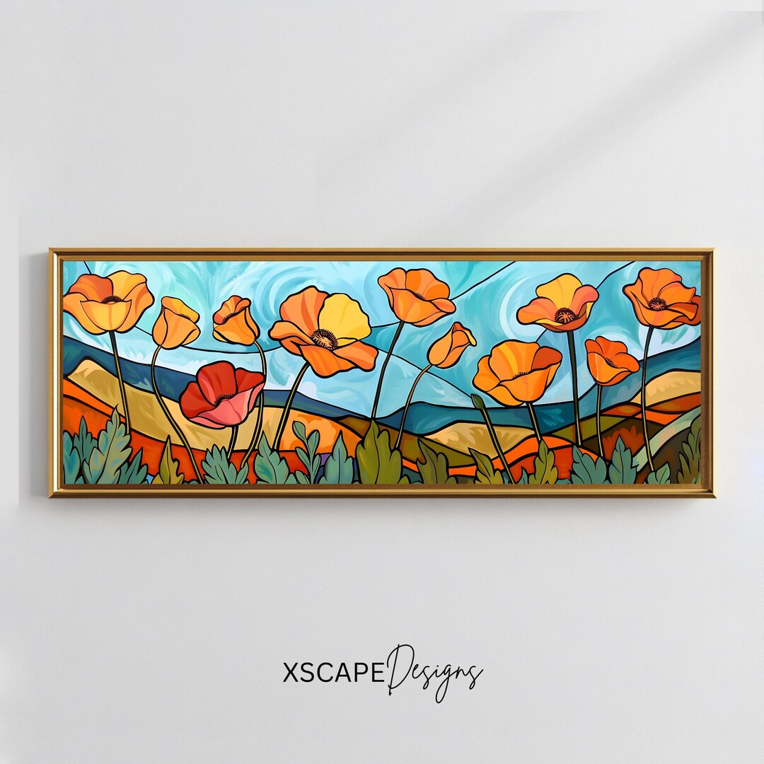Stained Glass Poppy Field Canvas Print Long Horizontal Narrow Print ...
