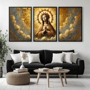 Blessed Virgin Mary Triptych Wall Art Print | Golden Religious Wall Art Set of 3 | Sacred ...
