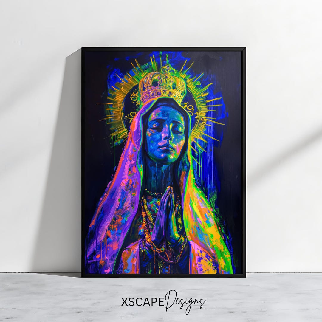 Neon Blessed Virgin Mary Wall Art Print Vibrant Religious Digital ...