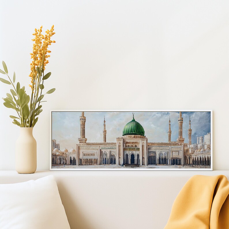 Masjid Al Nabawi Islamic Wall Art Panoramic Print: Medina Green Dome ...