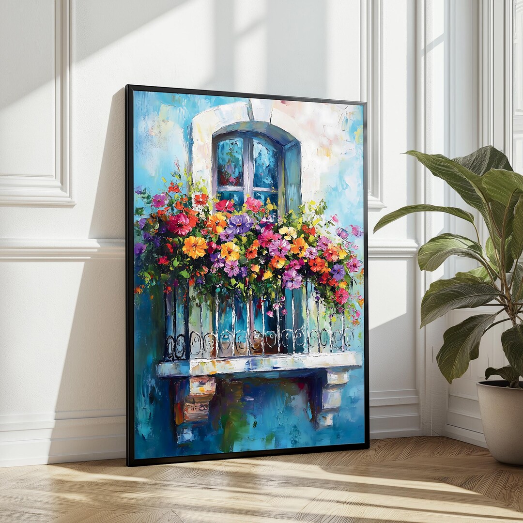 Floral Balcony Artwork | Mediterranean Window Wall Art Printable ...