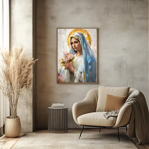 Vintage Blessed Virgin Mary Art Print, Blessed Mother Floral Catholic ...