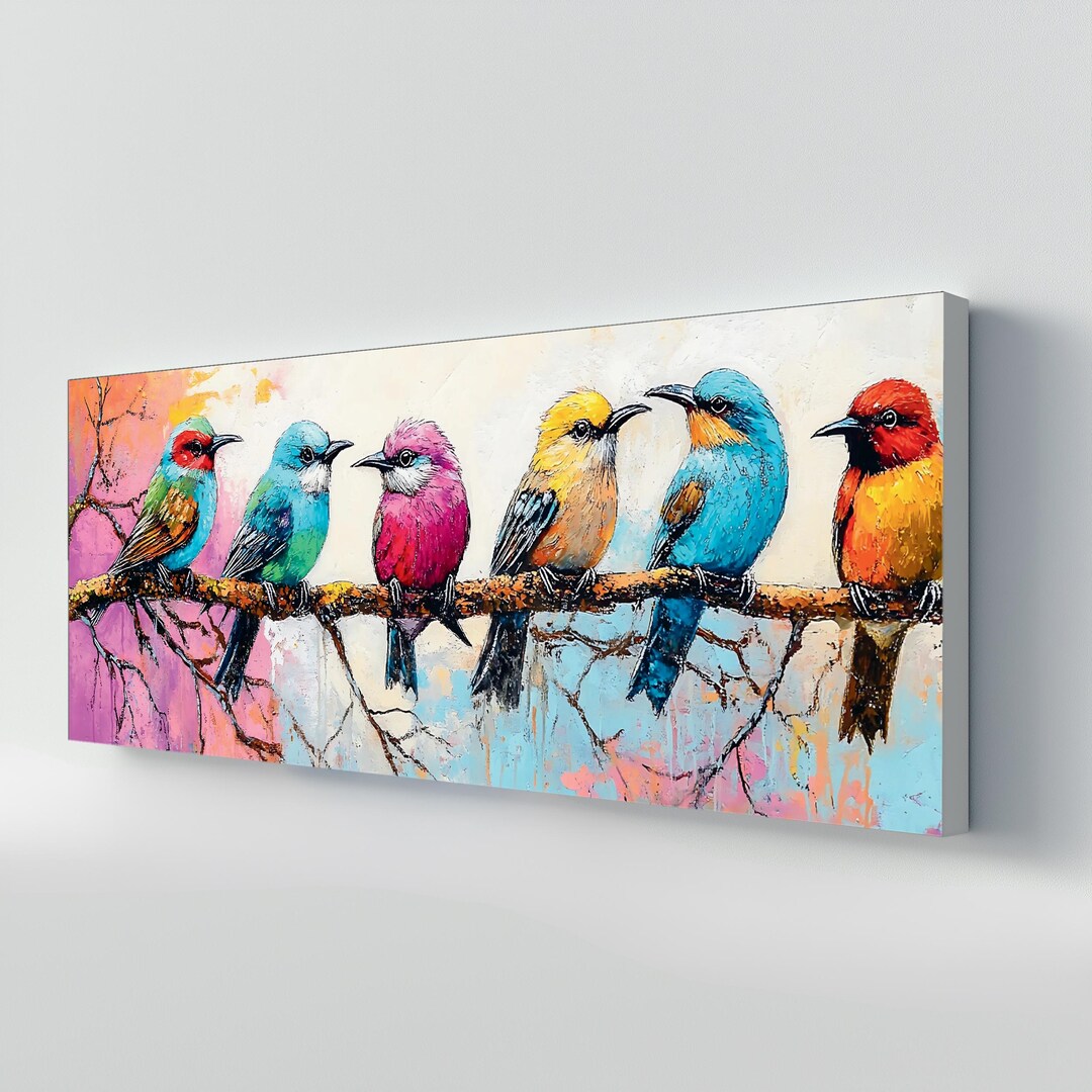 Colorful Birds Wall Art, Long Narrow Panoramic Print, Oversized Above ...