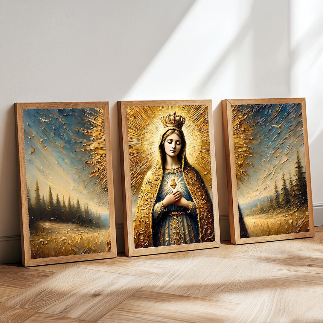 Blessed Virgin Mary Triptych Wall Art Print | Religious Wall Set of 3 | Sacred Heart Catholic ...
