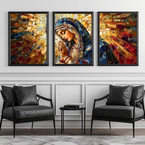 Blessed Virgin Mary Stained Glass Triptych | Religious Wall Art Print Set of 3 | Elegant ...