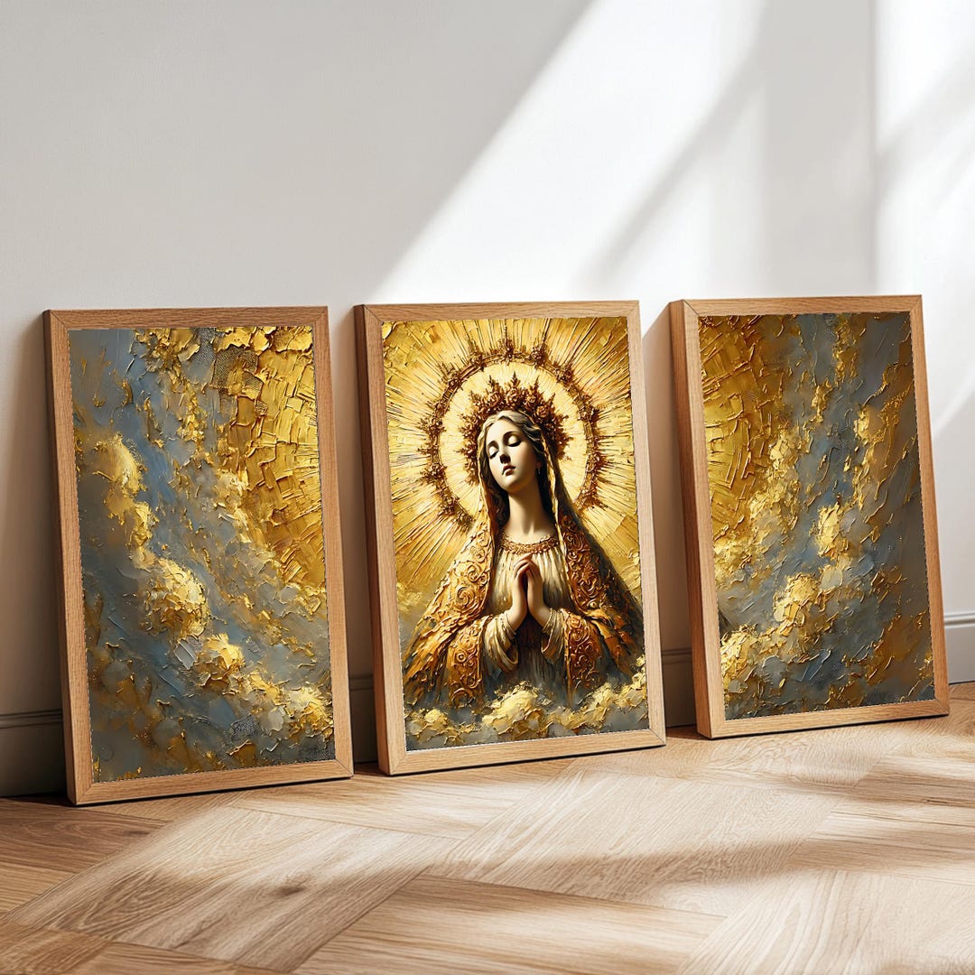 Blessed Virgin Mary Triptych Wall Art Print | Golden Religious Wall Art Set of 3 | Sacred ...