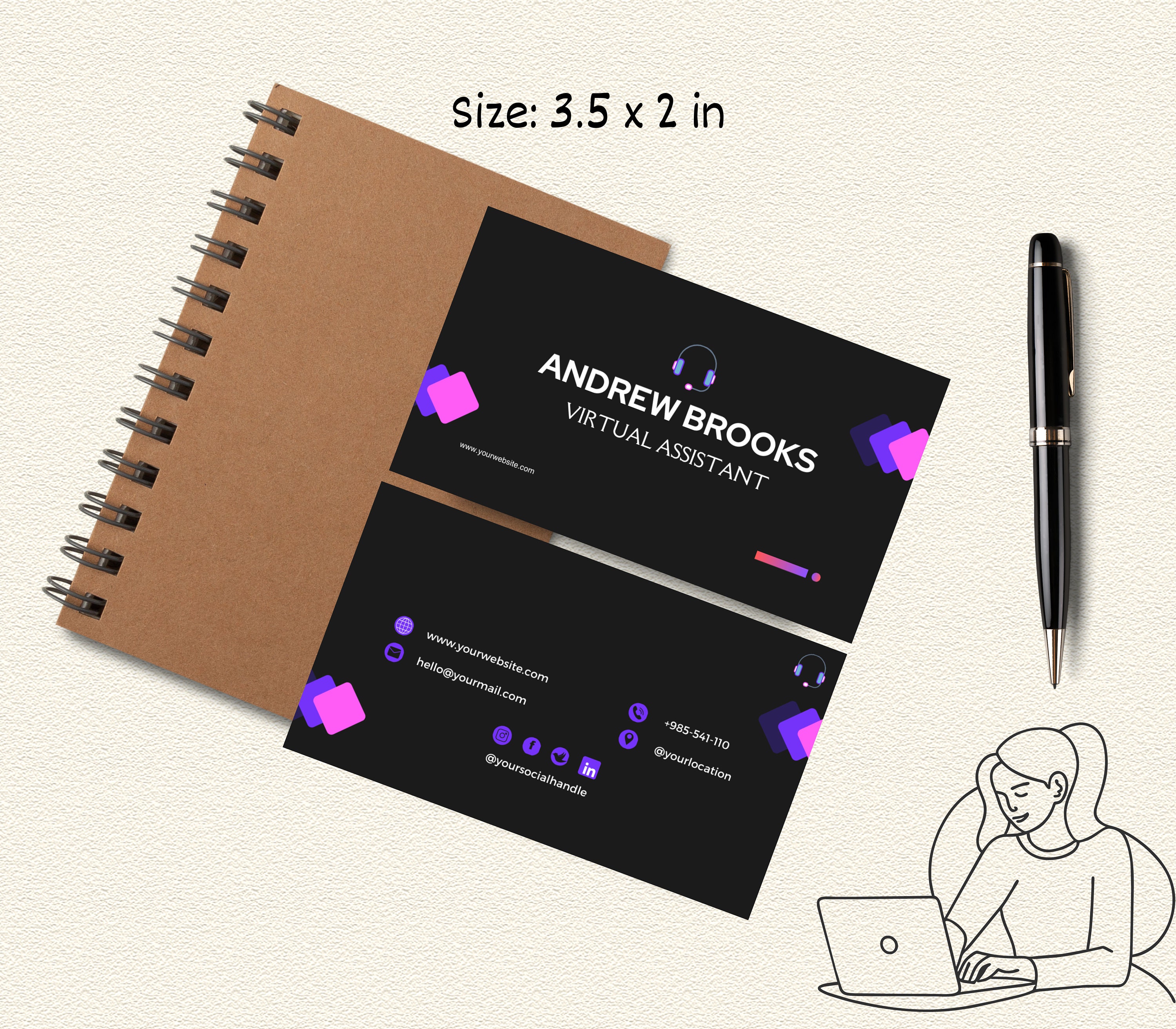 10x Virtual Assistant Business Card, Business Card Template Printable ...