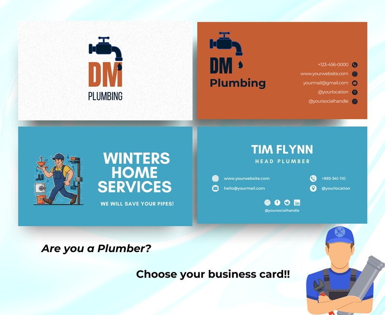 10x Trendy Plumber Business Card, Business Card Template for Plumbers ...