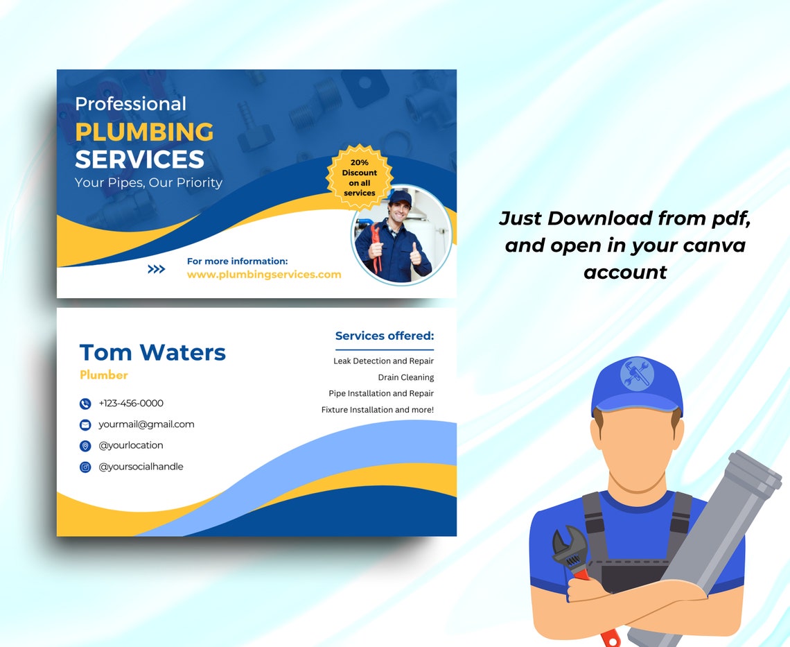 10x Trendy Plumber Business Card, Business Card Template for Plumbers ...