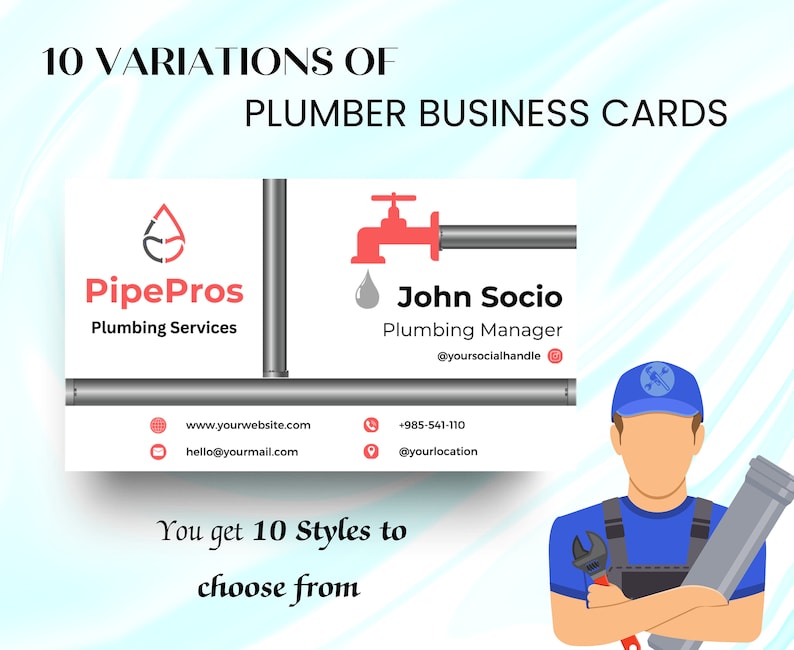 10x Trendy Plumber Business Card, Business Card Template for Plumbers ...