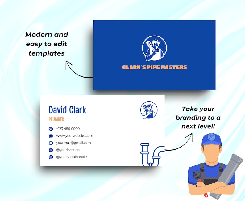 10x Trendy Plumber Business Card, Business Card Template for Plumbers ...