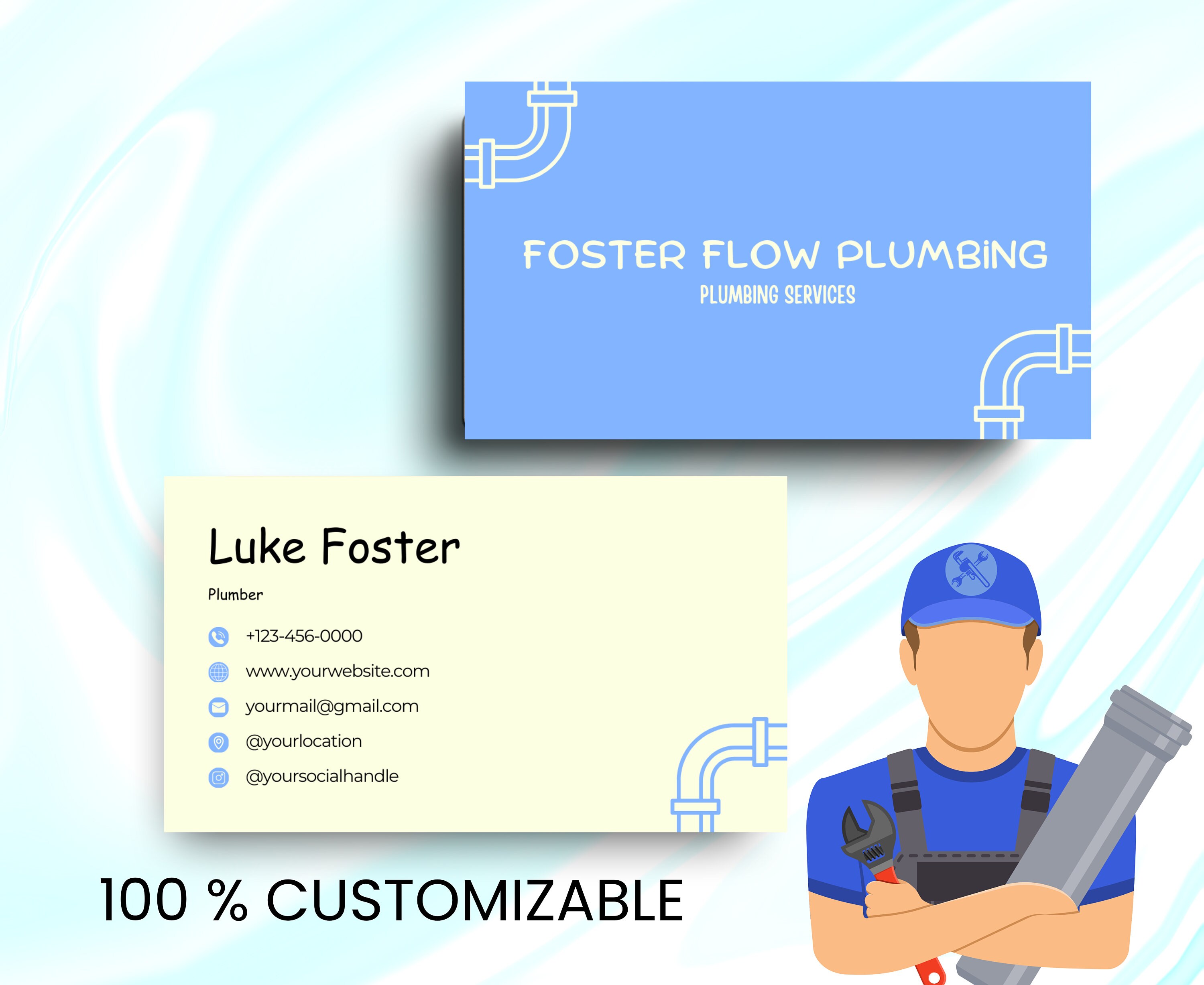 10x Trendy Plumber Business Card, Business Card Template for Plumbers ...