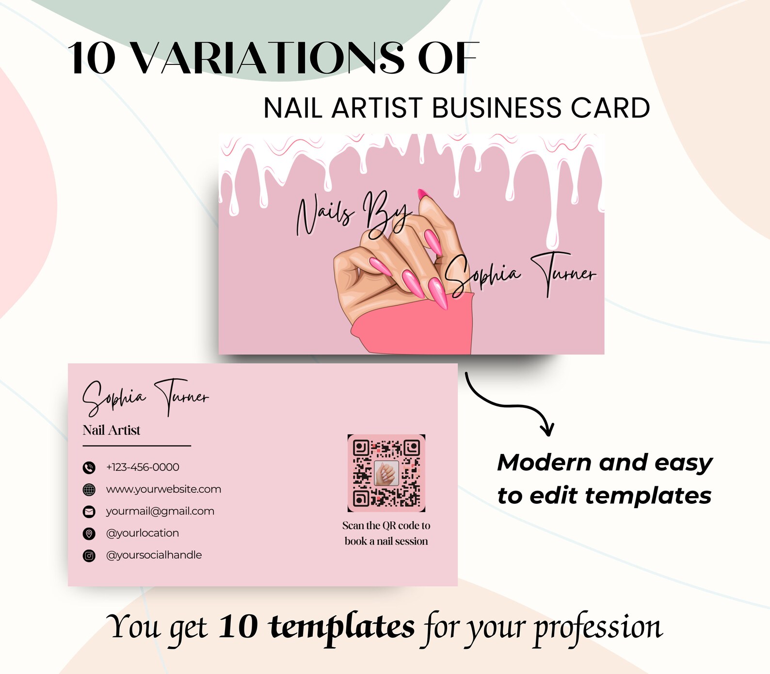10x Editable Nail Tech Card Template, Nails Calling Card With QR Code ...