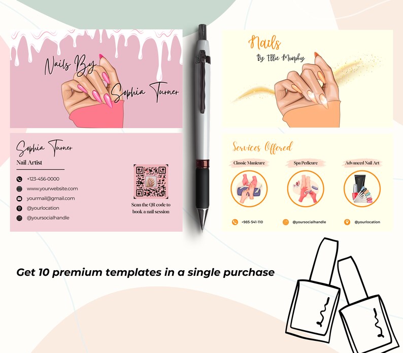 10x Editable Nail Tech Card Template, Nails Calling Card With QR Code ...