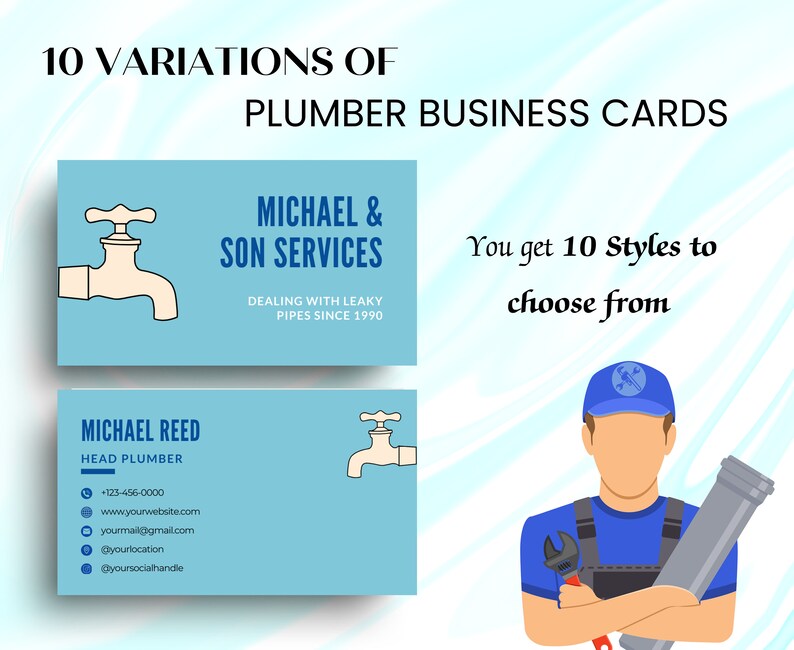 10x Trendy Plumber Business Card, Business Card Template for Plumbers ...