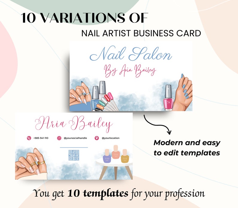 10x Editable Nail Tech Card Template, Nails Calling Card With QR Code ...