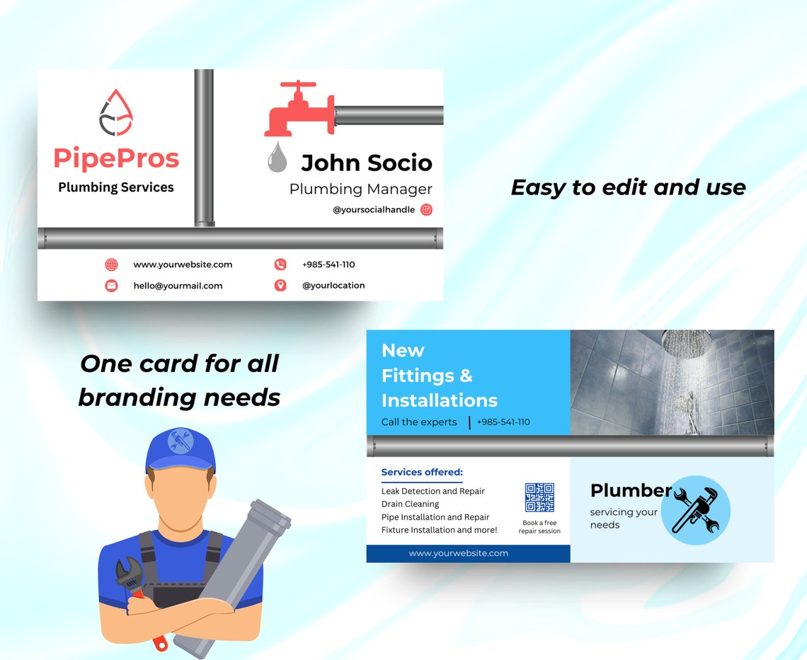 10x Trendy Plumber Business Card, Business Card Template for Plumbers ...