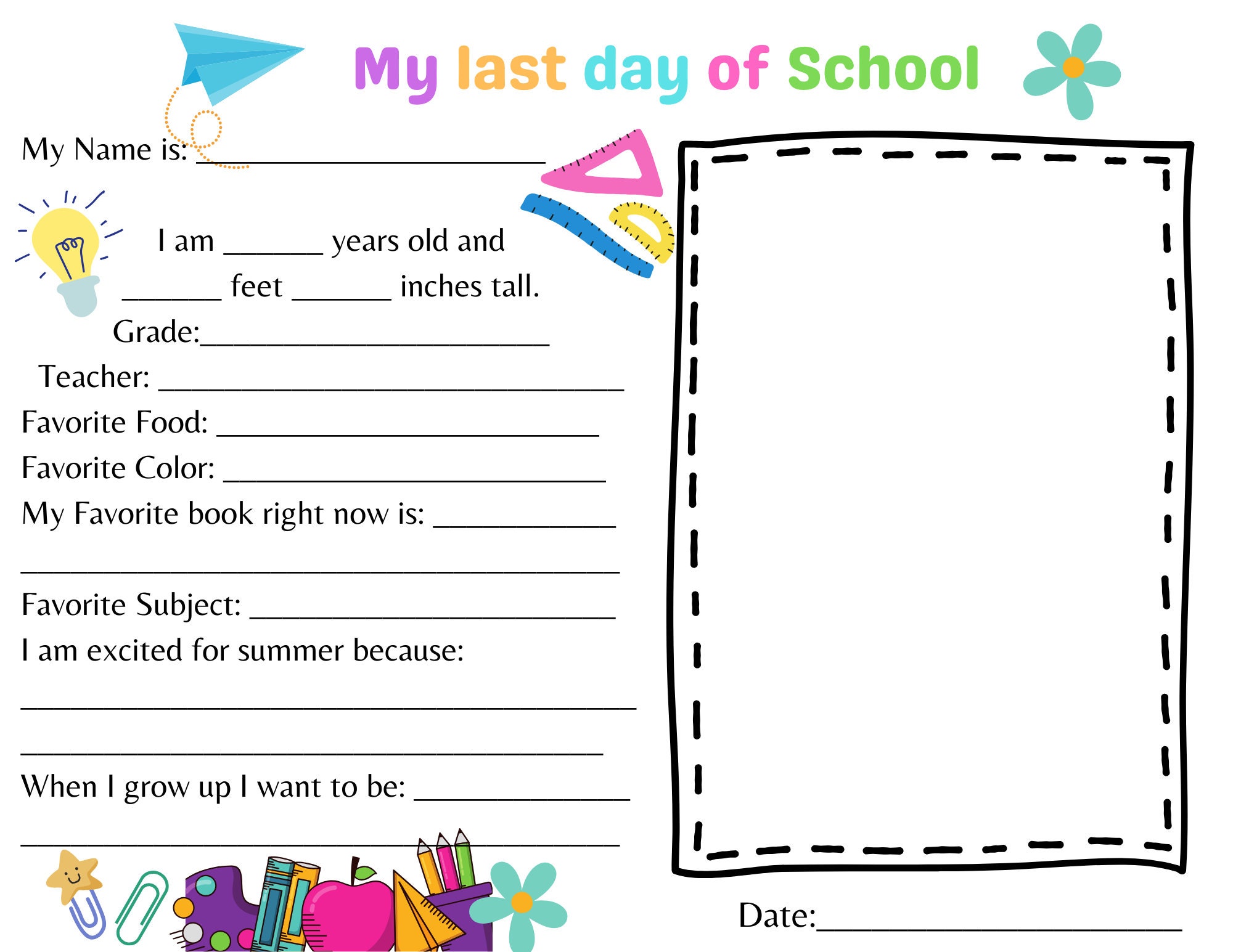 My Last Day of School Printable, Keepsake, Kid Questionnaire, Handprint ...