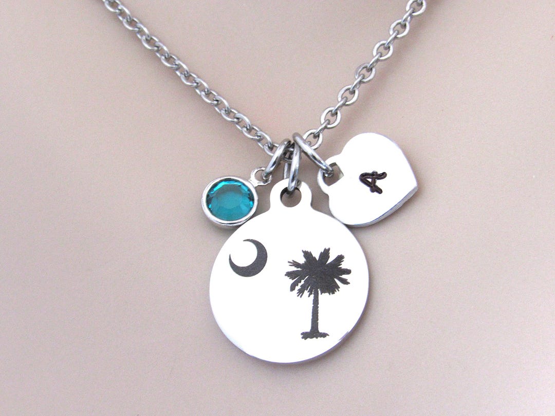 Palmetto Moon Necklace With Initial Heart and Birthstone, Palm Tree ...