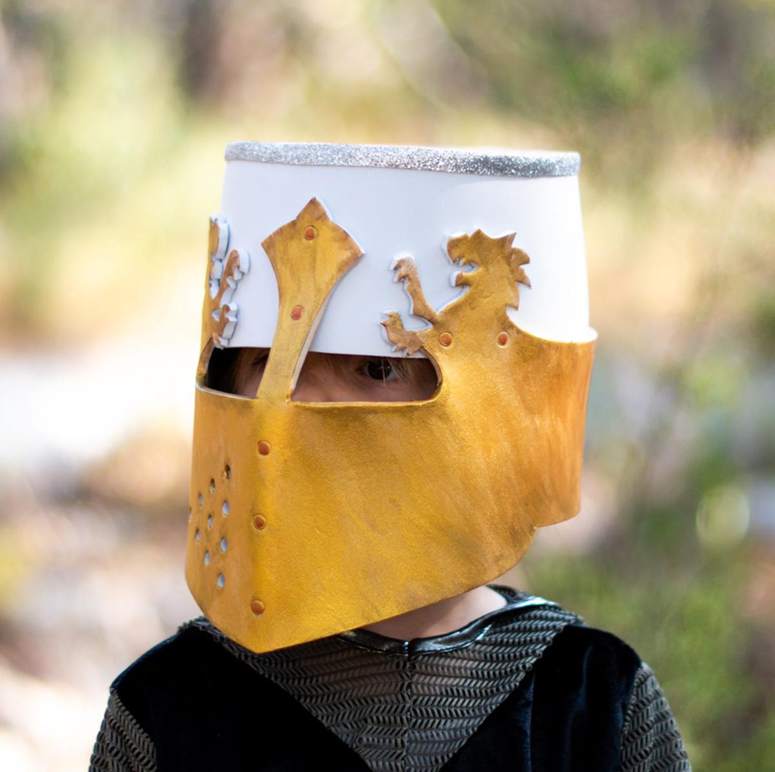 Knight Helmet Gold Lion | Great Helm Style Costume | Kid Size 50cm, 19 ...