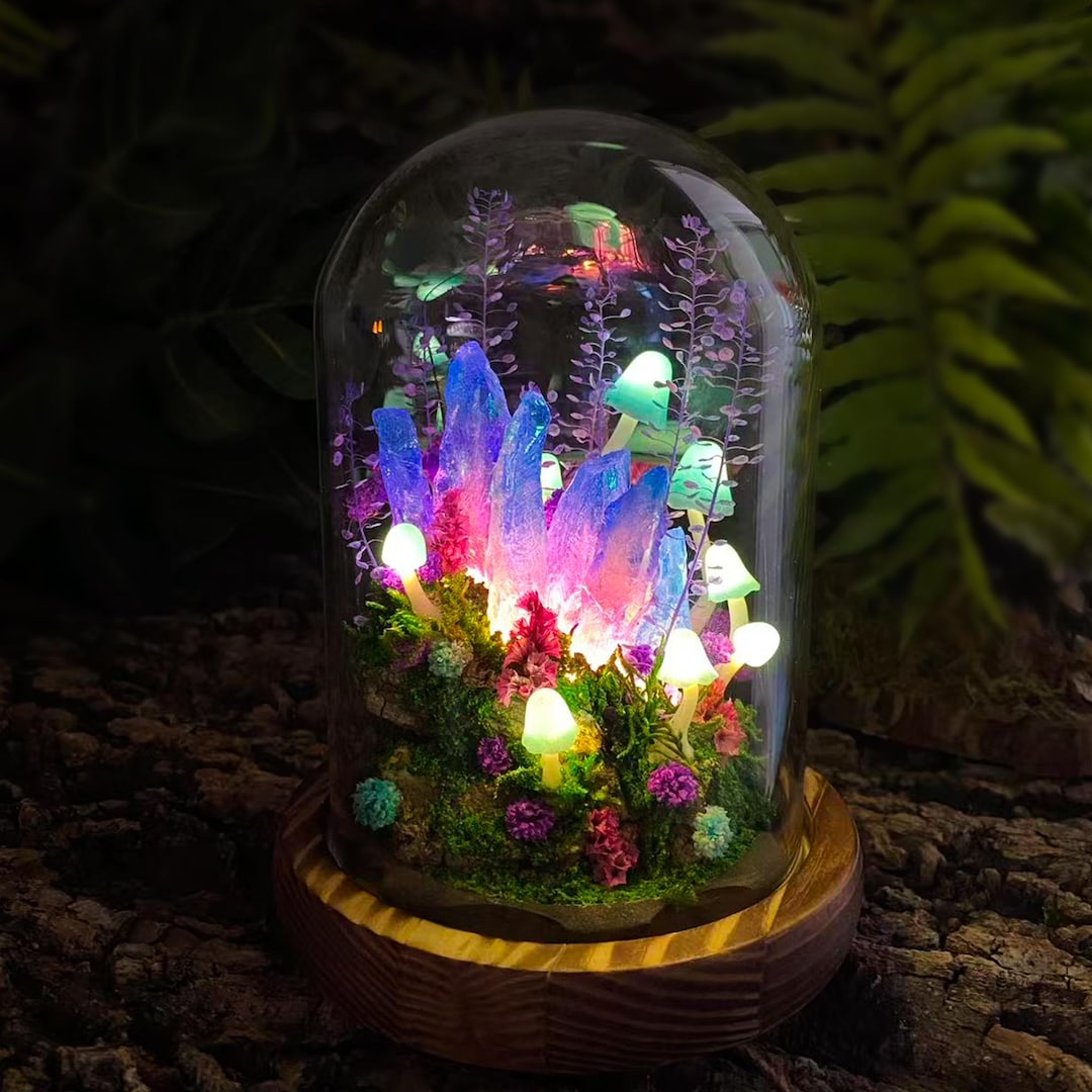 Enchanted Blue Violet Crystal Night Light, Handmade Blue Mushroom Lamp ...