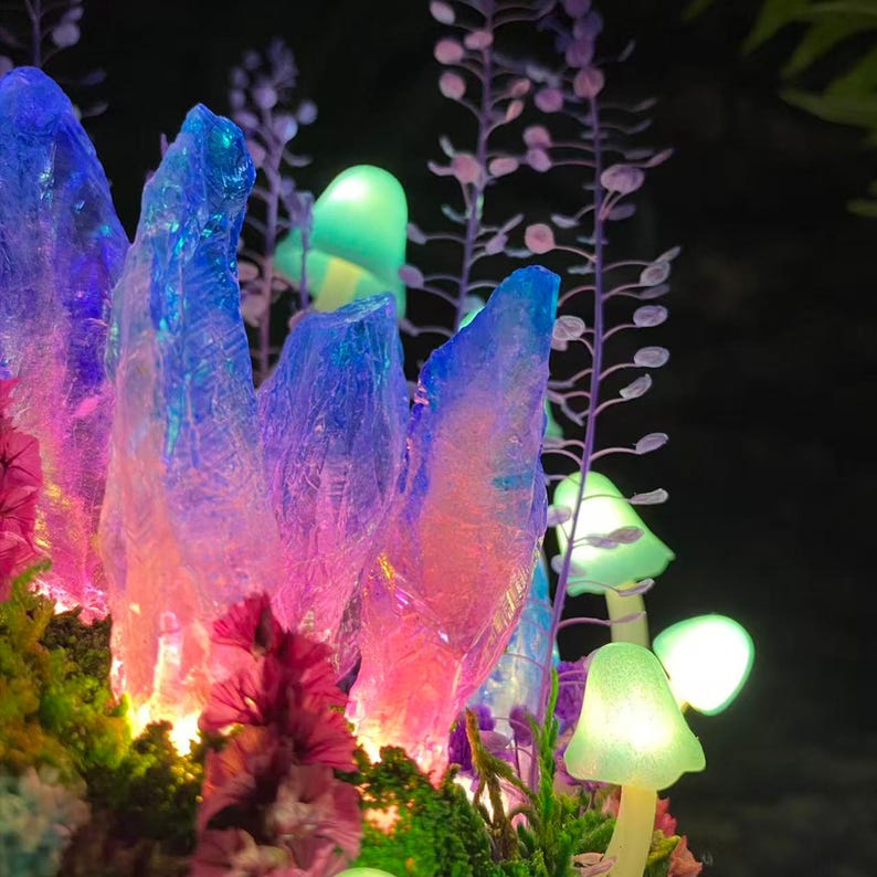 Enchanted Blue Violet Crystal Night Light, Handmade Blue Mushroom Lamp ...