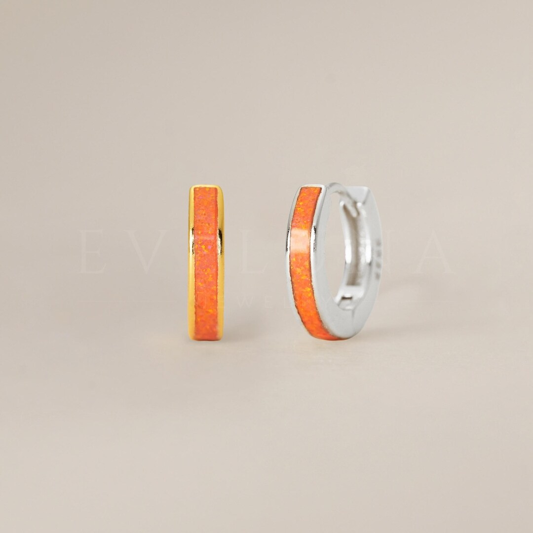 HOOPS: Orange Fire Opal Inlay Huggie Hoop Earrings • Opal Huggie ...