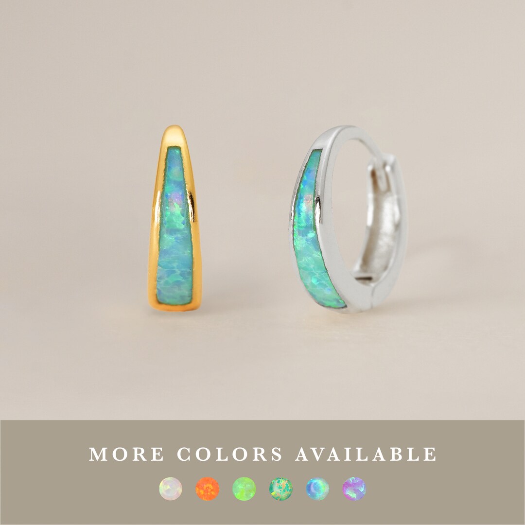 HOOPS: Tapered Blue Opal Inlay Huggie Hoop Earrings Opal Huggie ...