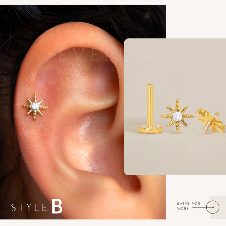 FLAT BACK: Tiny Celestial Star Sun Flat Back Labret Cartilage Stud ...