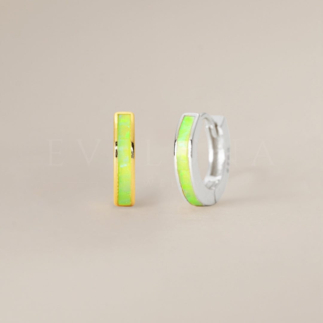 HOOPS: Lime Fluorescent Green Opal Inlay Huggie Hoop Earrings • Opal ...
