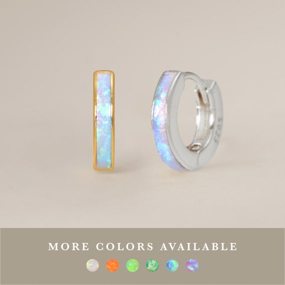 HOOPS Blue Opal Inlay Huggie Hoop Earrings Blue Opal Huggie Earrings Opal Jewelry Gift For Her Minimalist Earring Bridesmaid Gift