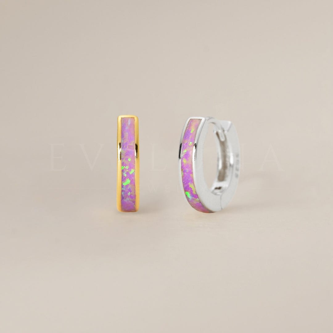 HOOPS: Purple Opal Inlay Huggie Hoop Earrings • Opal Huggie Earrings ...