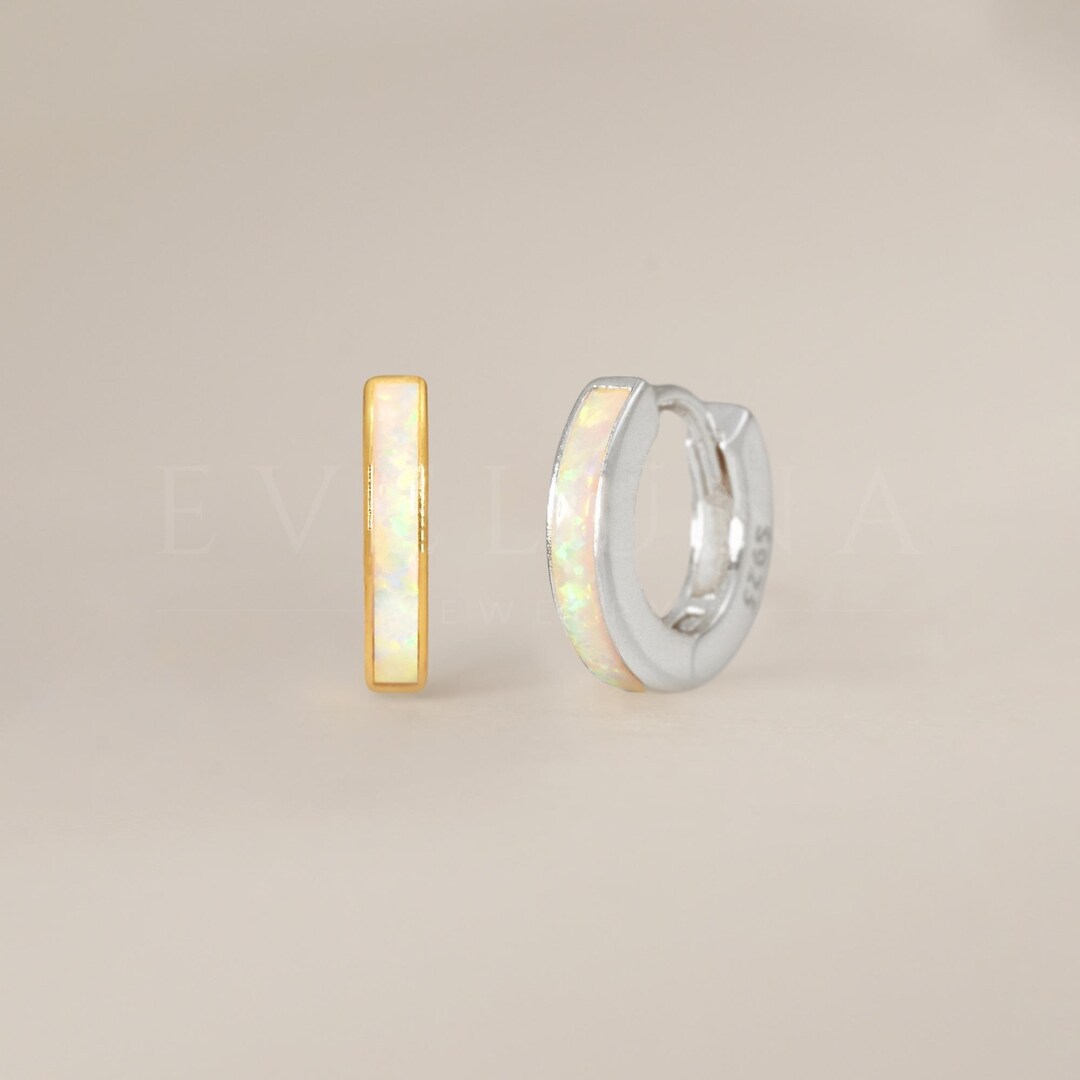 HOOPS: White Opal Inlay Huggie Hoop Earrings • Opal Huggie Earrings ...