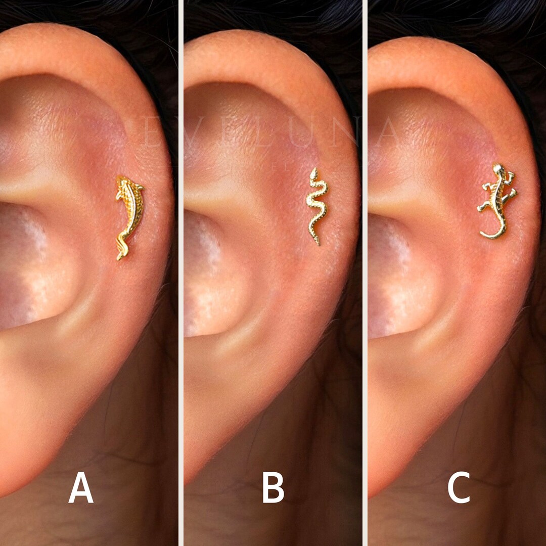FLAT BACK: Koi Serpent Gecko Flat Back Labret • Cartilage Stud • Helix Earring • conch Piercing ...