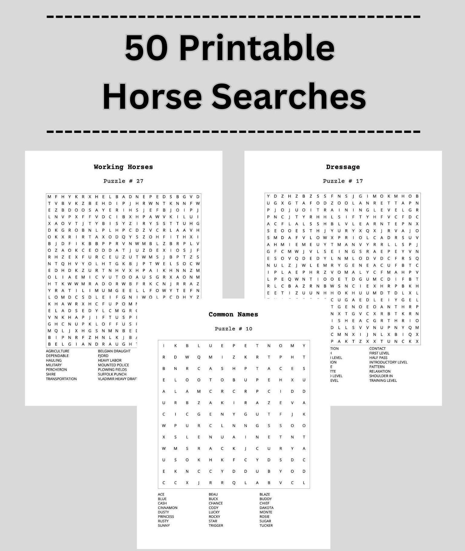 Horse Themed Word Searches, Digital Download: 50 Printable Pages With ...