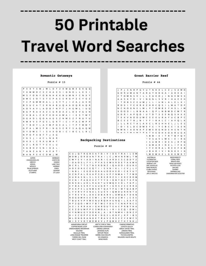 Travel Themed Word Searches, Digital Download: 50 Printable Pages With ...