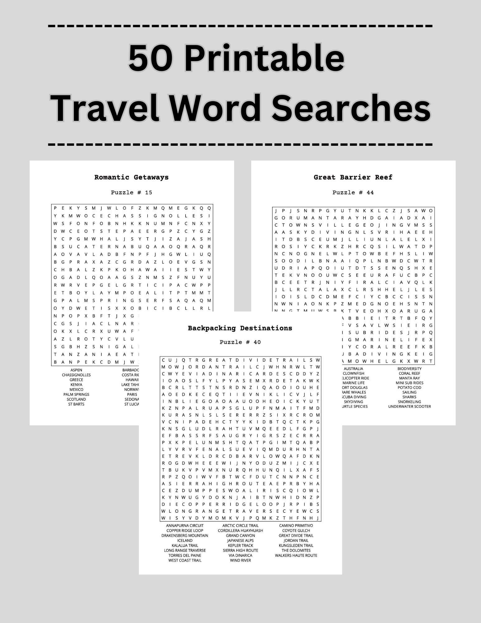 Travel Themed Word Searches, Digital Download: 50 Printable Pages With ...