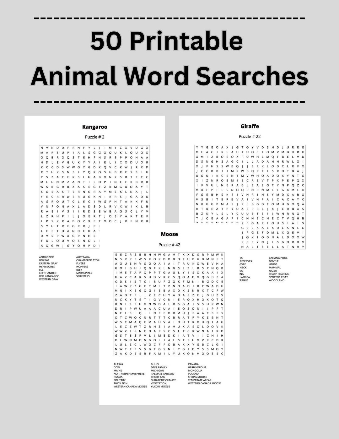 Animal Themed Word Searches, Digital Download: 50 Printable Pages With ...