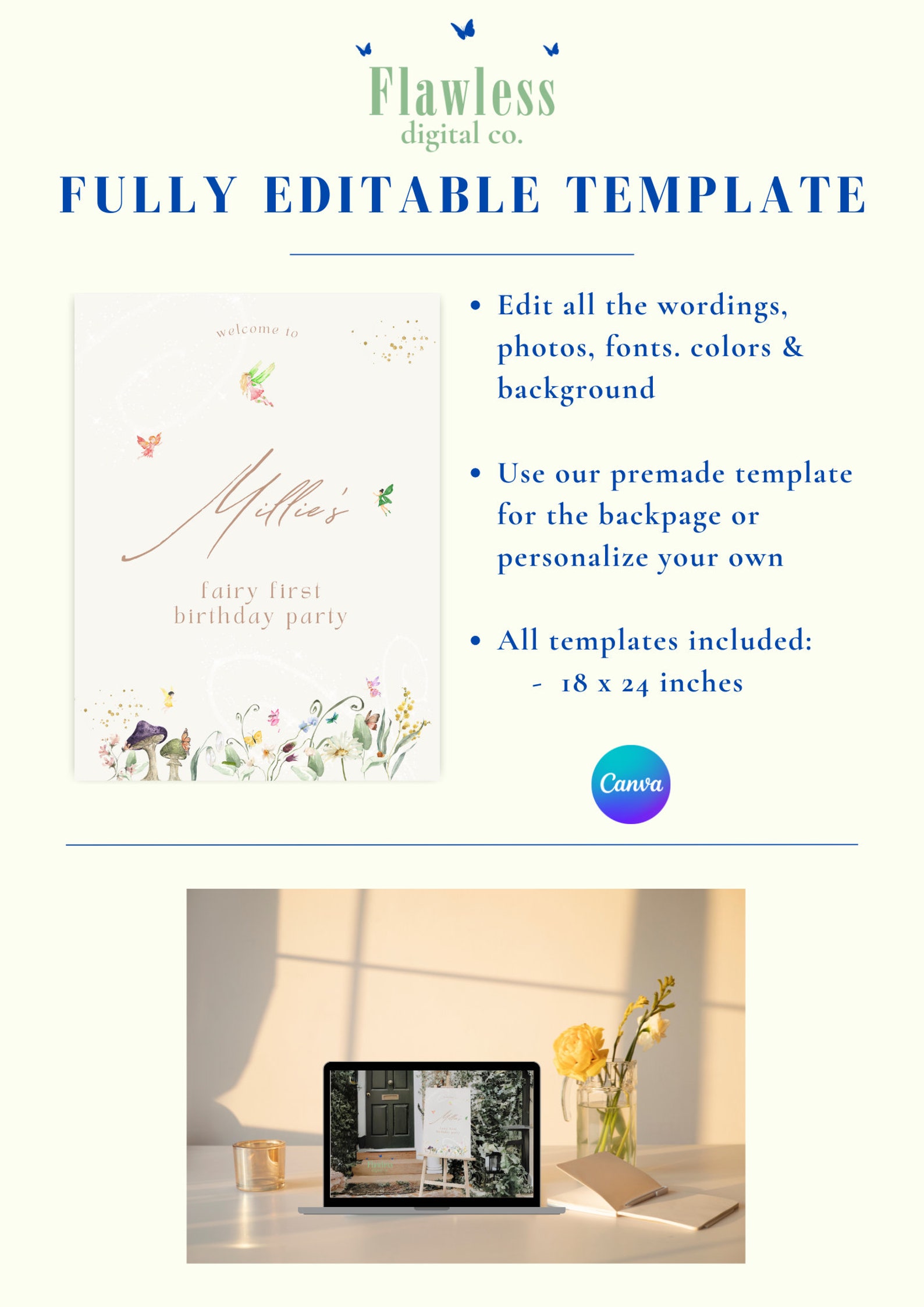 Fairy First Birthday Party Sign Template | Whimsical Welcome Sign ...