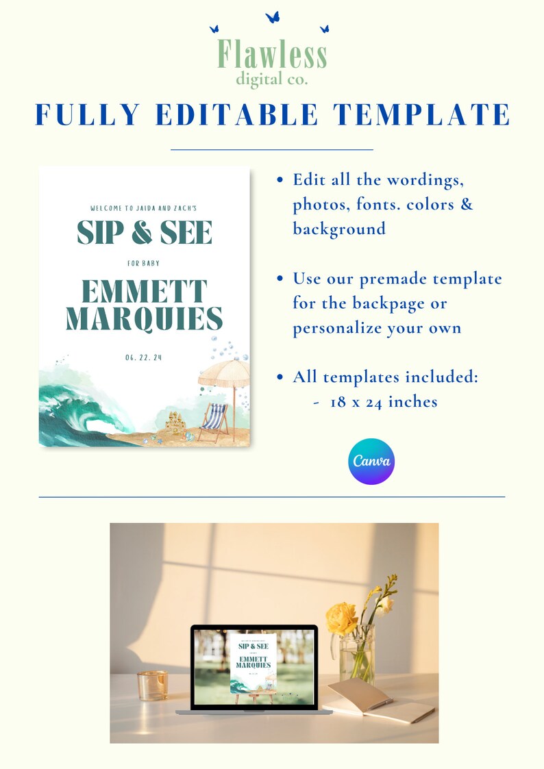 Beach Sip & See Welcome Sign Template Sip and See Baby Party Sign ...