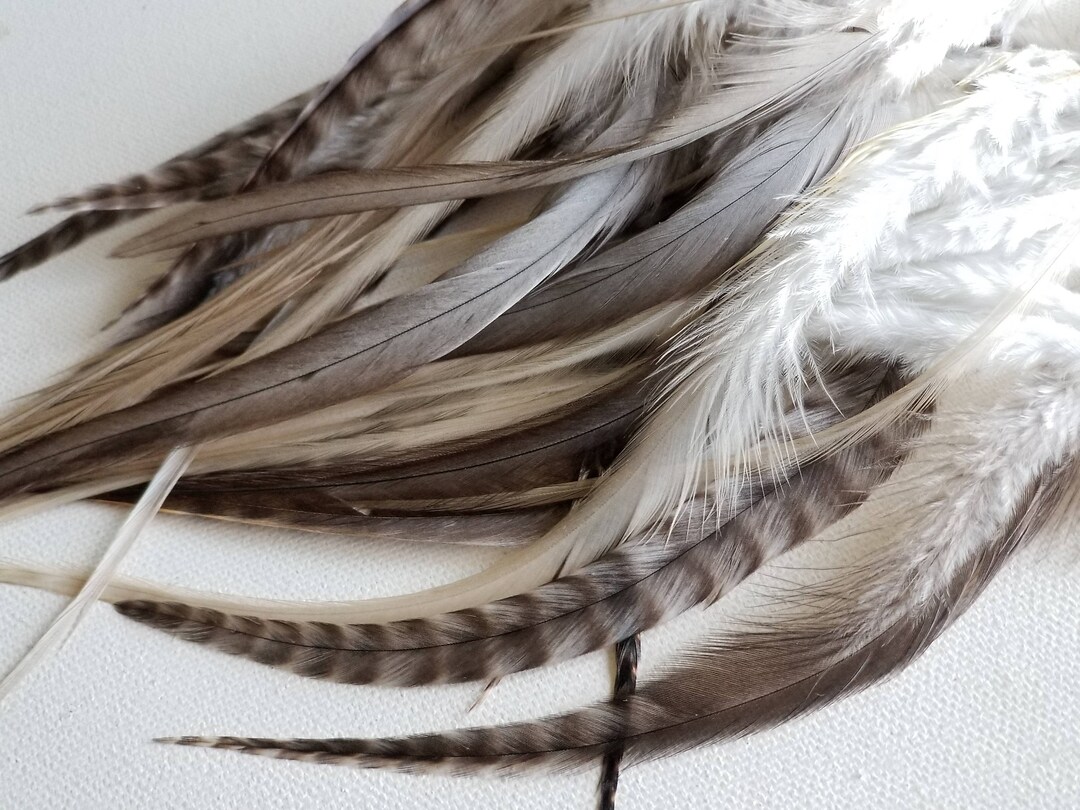 YUMMY SILVER Wide Feather Extensions PLUS 5 Free Crimp Beads - Natural ...