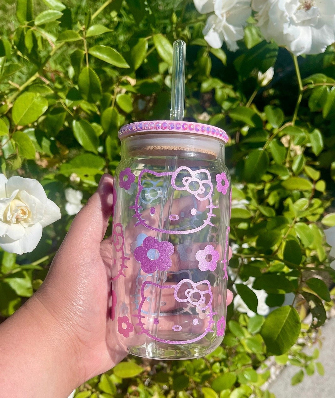 Hello Kitty Glass Cup/ Pink Hello Kitty Glass Can/ Pink Floral Hello ...