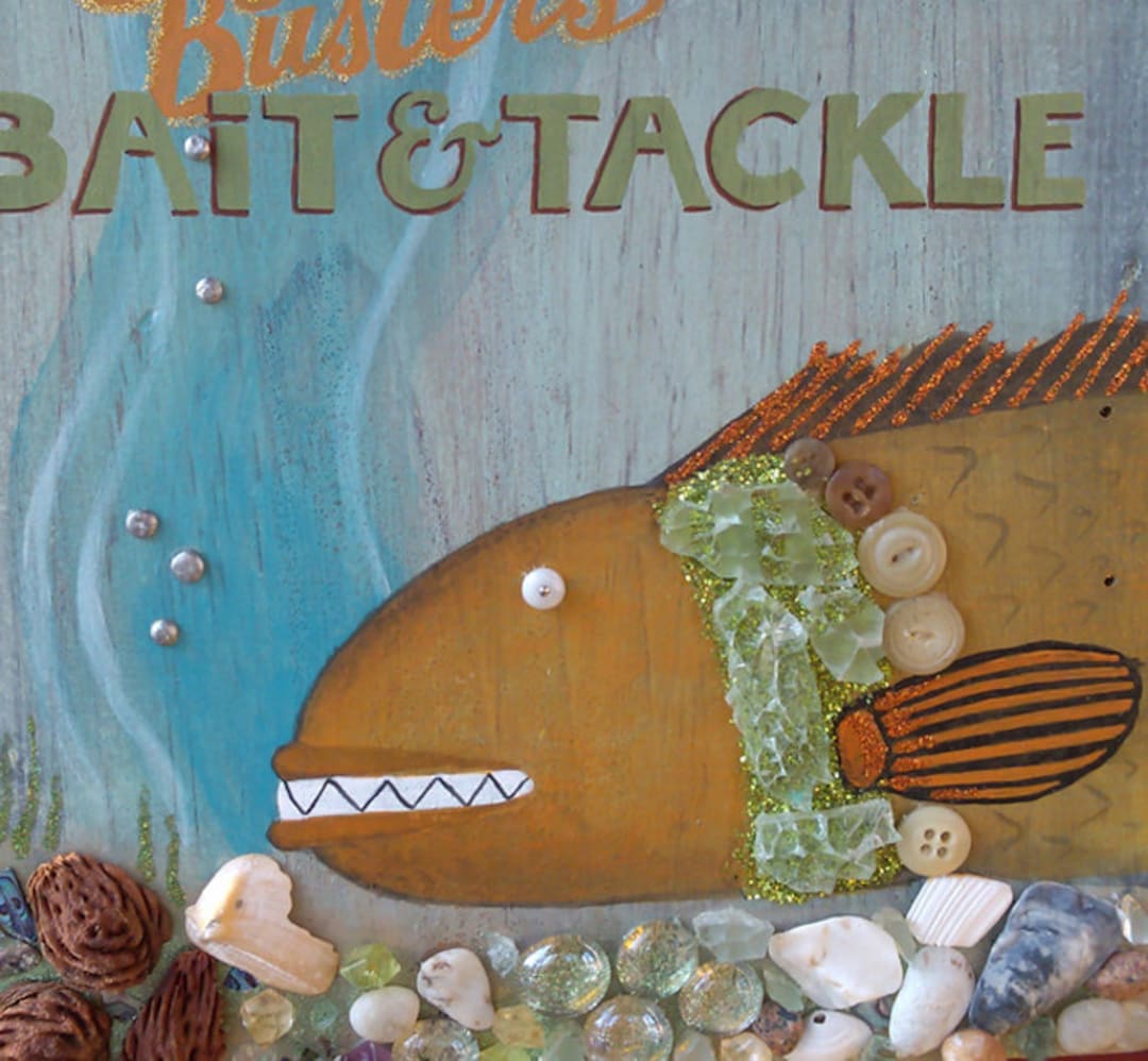 Big Fish Wood Sign, Original Painted Art With Bling: Old Buttons, Glass ...