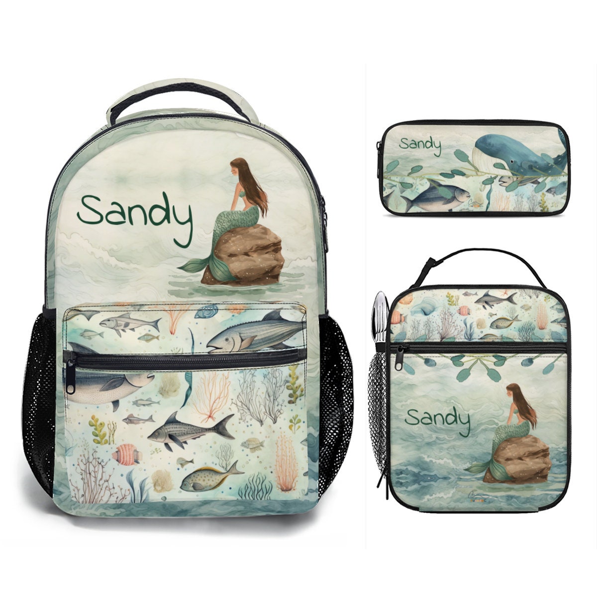 Kids Backpack Lunch Box Pencil Case 3pc Set Mermaid Fish Underwater ...