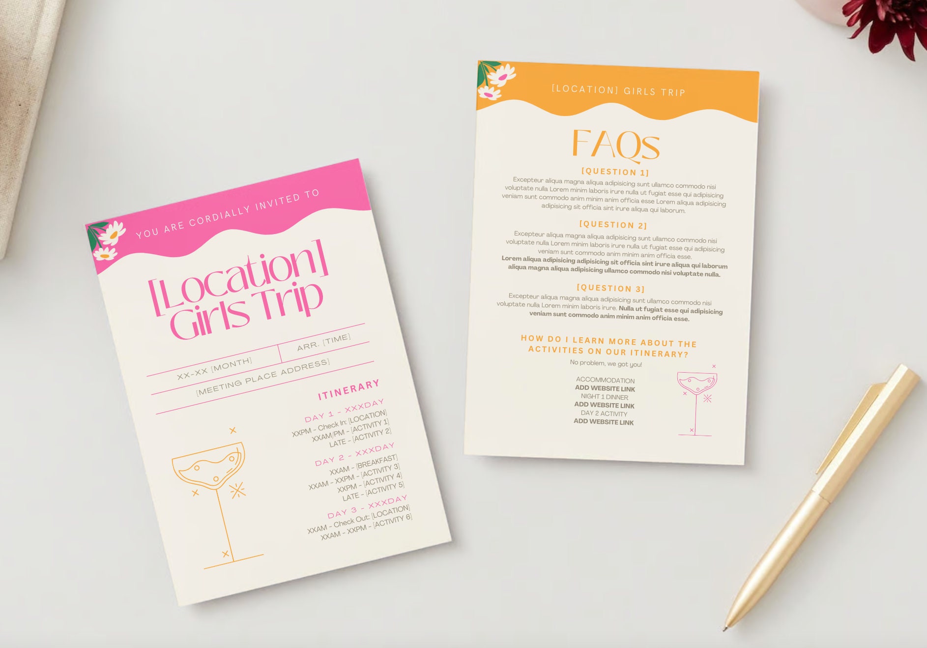Girls Trip Itinerary Digital Stationery With Faqs Page - Fully ...
