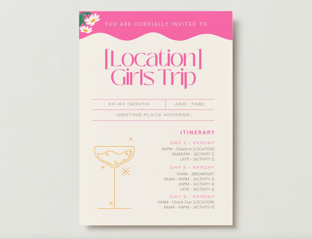 Girls Trip Itinerary Digital Stationery With Faqs Page - Fully-customisable Holiday Invitation ...