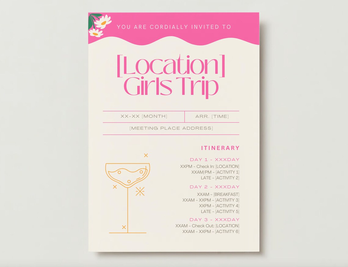Girls Trip Itinerary Digital Stationery With Faqs Page - Fully ...