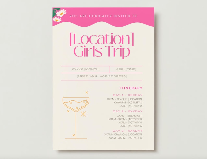 Girls Trip Itinerary Digital Stationery With Faqs Page - Fully ...